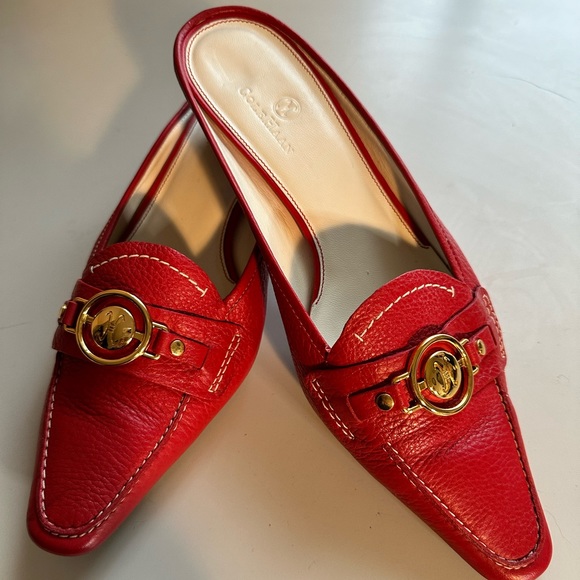 Cole Haan | Shoes | Cole Haan Red Pebbled Leather Kitten Heel Mules ...